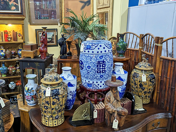 Blue and white porcelain jars stand like elegant sentries among wooden figurines&mdash;each piece whispering tales from distant eras.