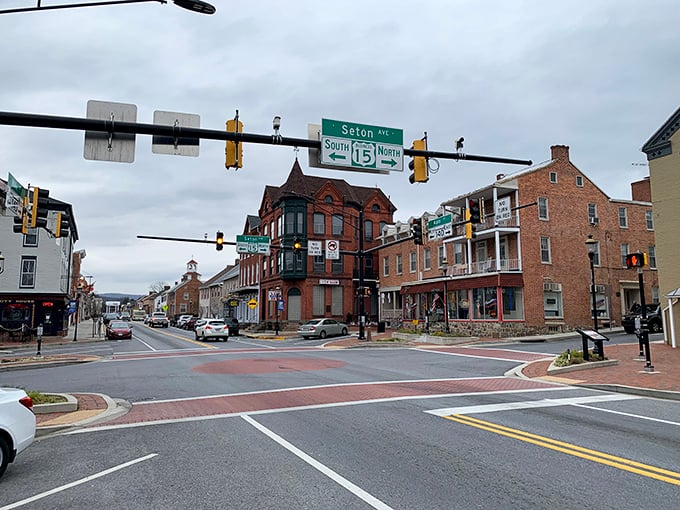 The intersection of Seton Avenue and Main Street &ndash; where history and modern life negotiate their daily dance under traffic lights.