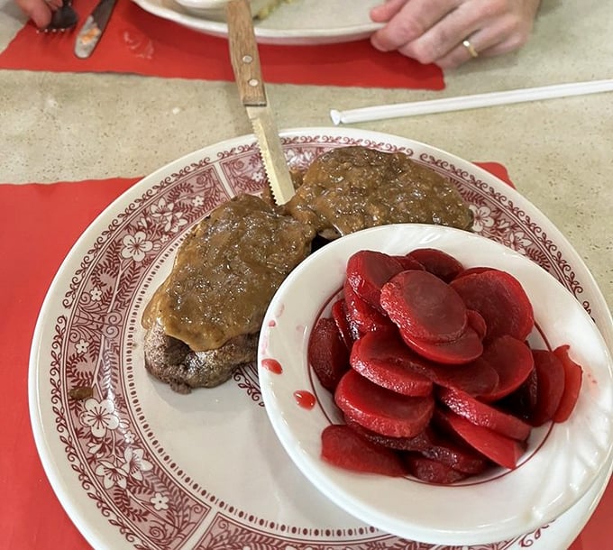 Meatloaf that would make your grandmother both jealous and proud, served with pickled beets that add that perfect sweet-tangy counterpoint.