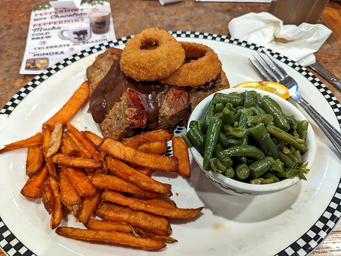 Meatloaf that would make your grandmother jealous, complete with onion rings perched on top like delicious golden halos.