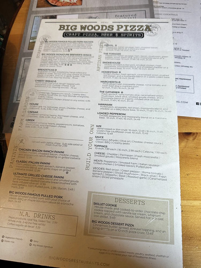 The menu reads like a love letter to pizza possibilities. Each description makes you want to order everything and worry about stomach capacity later.