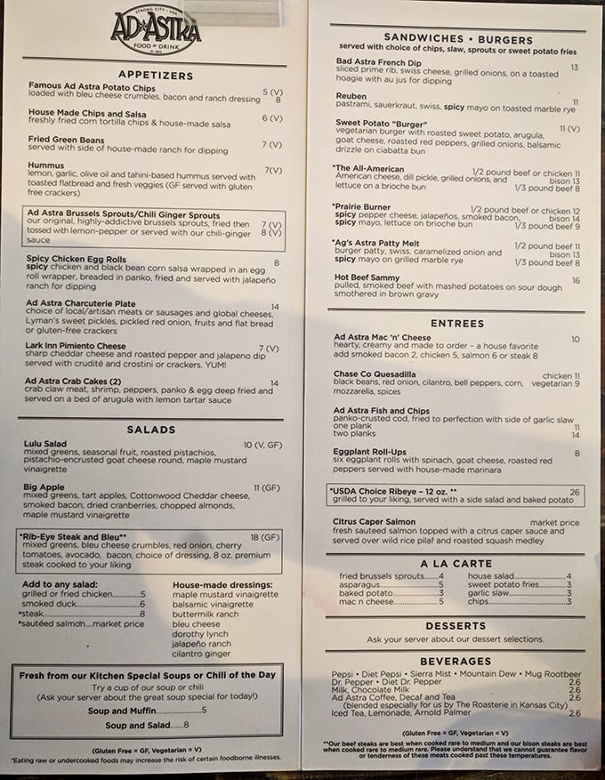 The menu reads like a love letter to Kansas ingredients—from famous potato chips to locally-raised ribeye, each dish celebrates Flint Hills bounty.