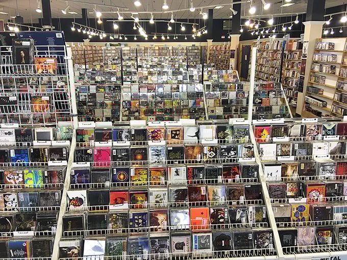 A rainbow of album spines creates a musical mosaic. Vinyl hunters know this feeling &ndash; somewhere in there is the soundtrack to your best memories.