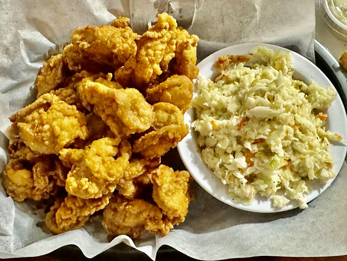 Golden-fried treasures from the sea paired with homestyle coleslaw. This is what happiness looks like on a plate in coastal Georgia.