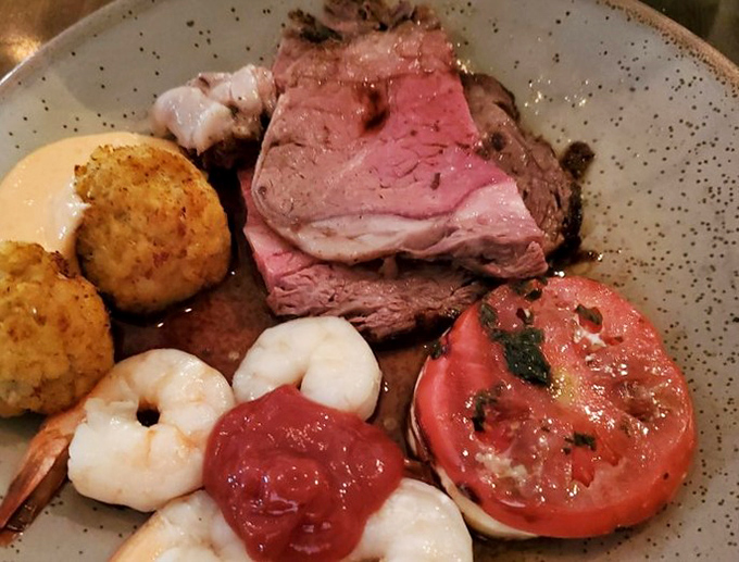 Heaven on a plate isn't mythical&mdash;it's this prime rib, sharing space with plump shrimp and summer-ripe tomatoes in perfect harmony.