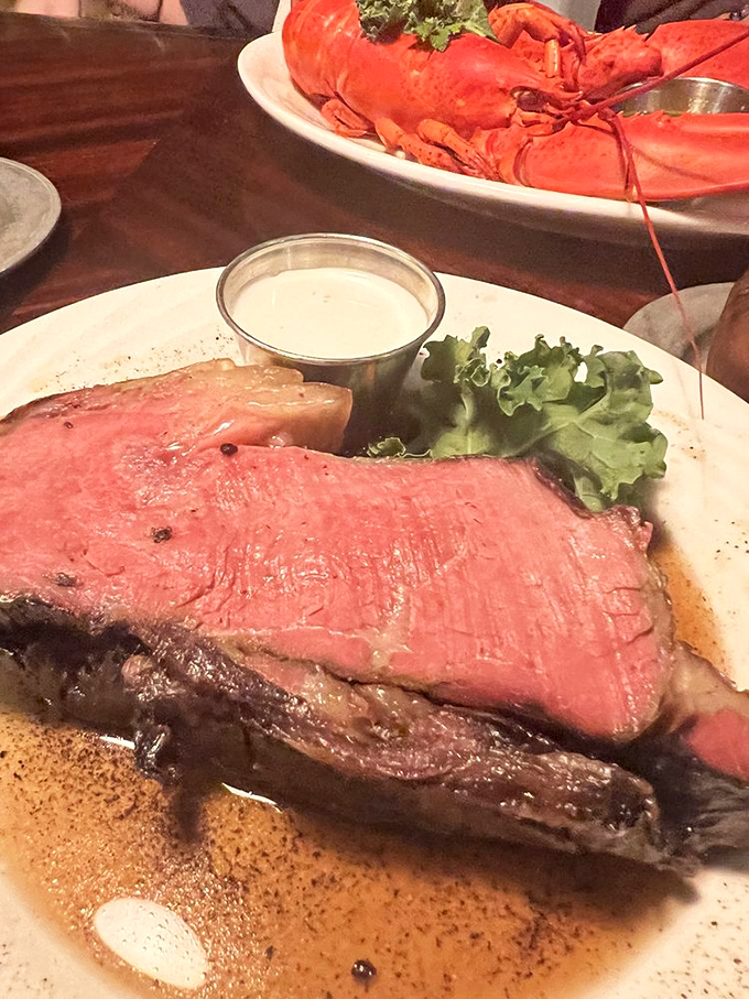 Prime rib so perfectly pink it could make a vegetarian reconsider their life choices. That au jus is practically liquid gold.