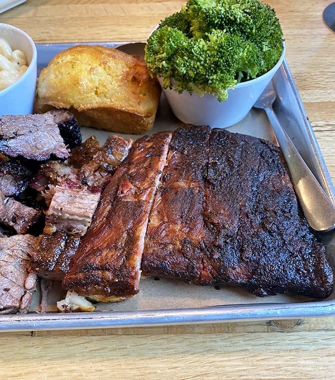 Behold the holy trinity of barbecue&mdash;ribs with that perfect bark, cornbread that doesn't know it's not cake, and sides that refuse to be upstaged.