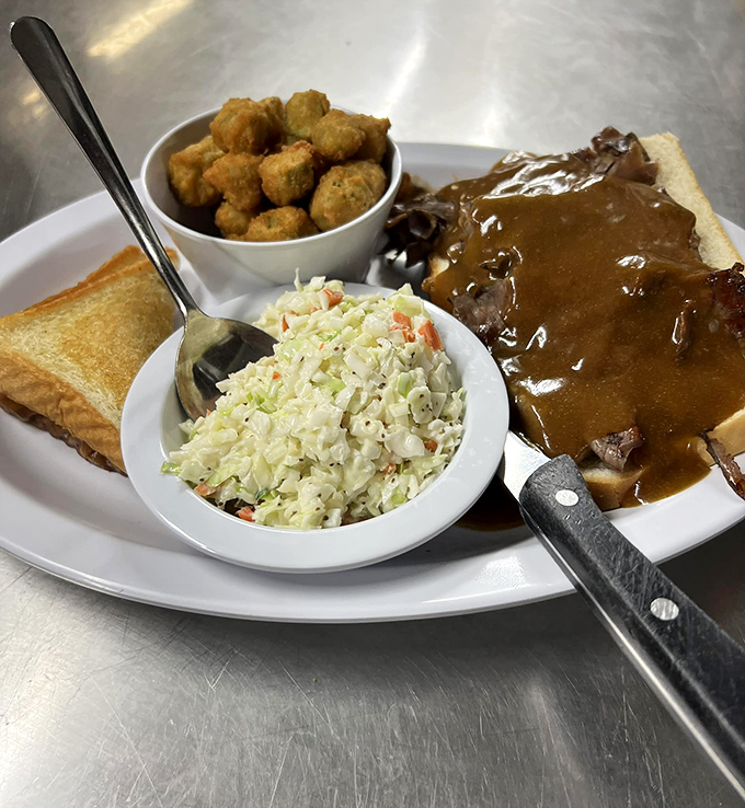 This isn't just roast beef&mdash;it's a religious experience on a plate. Tender meat, rich gravy, and sides that know their supporting role.