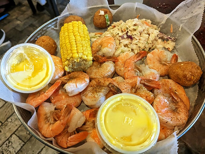 Shrimp so fresh they might have been swimming this morning, served with corn that's wearing butter like it's going to prom.