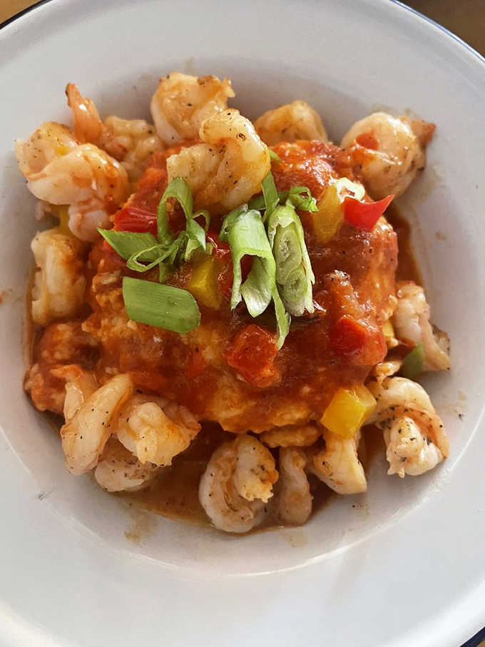 Southern grandmothers everywhere would approve of these shrimp and grits – plump crustaceans nestled in creamy corn heaven topped with fresh scallions.