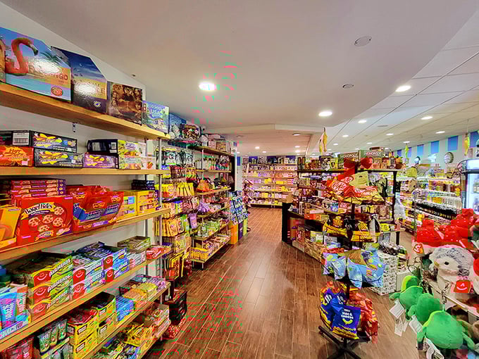 Wooden shelves groaning under nostalgic weight. This isn't just inventory&mdash;it's a museum of American childhood displayed with carnival flair.
