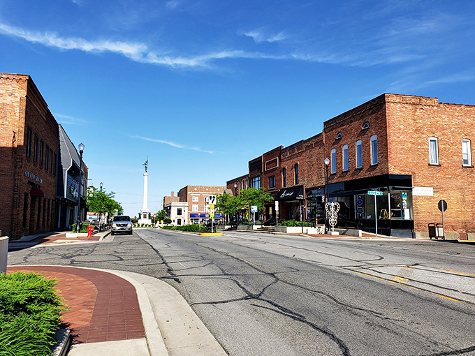 Downtown Angola's streets invite leisurely strolls past brick facades and welcoming storefronts&mdash;no rush hour traffic, just genuine small-town rhythm.