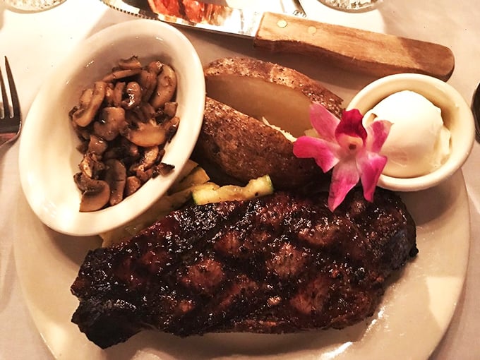 This isn't just a steak—it's a masterpiece of fire and flavor, accompanied by mushrooms that have found their perfect culinary soulmate.
