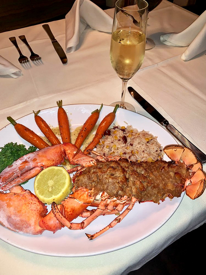 Maine meets Arizona on this plate. The stuffed lobster arrives like royalty, adorned with its crown of savory stuffing and surrounded by loyal vegetable subjects.