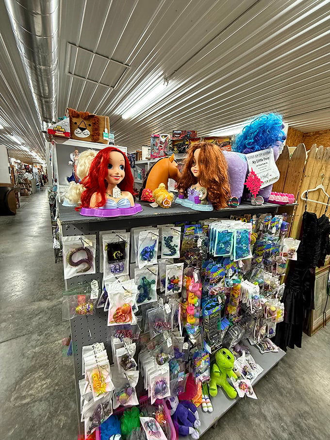 Stylist stations for imaginary mermaids? These vintage styling heads and colorful trinkets are a nostalgic trip to childhood playtime adventures.