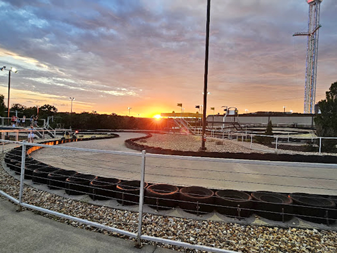 Sunset at the speedway casts golden light across empty curves that, hours earlier, hosted hundreds of white-knuckle moments and victorious fist pumps.