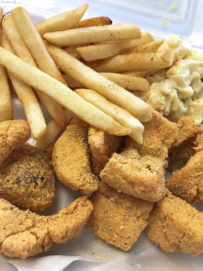 Golden nuggets of perfectly fried fish nestled against crisp fries and creamy slaw—a holy trinity of comfort that speaks a universal language.