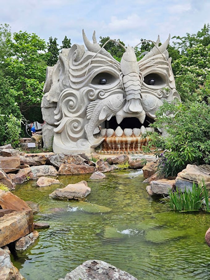 This colossal stone face doesn't just spit water&mdash;it serves up whimsy on a monumental scale, proving Oklahoma gardens know how to make a dramatic statement.