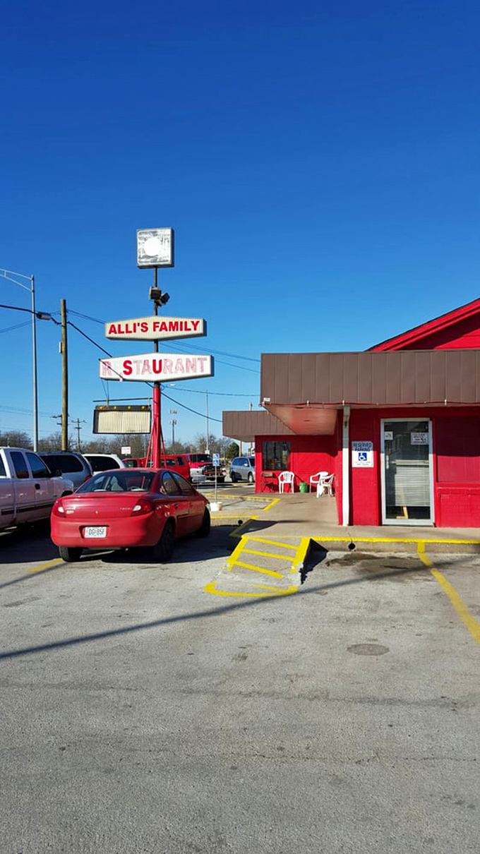 Red alert! This isn't just a building, it's a beacon of breakfast hope along the highway.