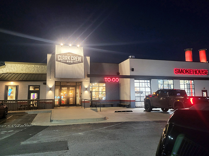  Clark Crew's illuminated nighttime presence is like a lighthouse guiding the hungry through a sea of mediocre dining options.