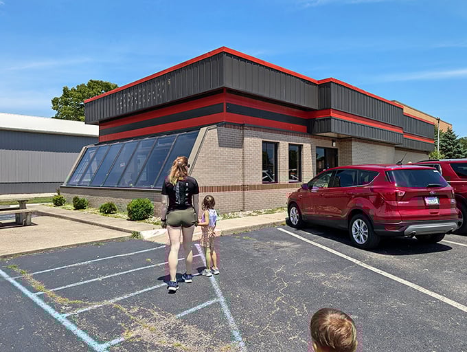 Edinburgh Diner: Red trim against dark exterior&mdash;architectural shorthand for "comfort food served here" in any Indiana county.