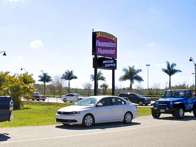 Fleamasters' entrance sign beckons with the simple promise of "awesome shopping"&mdash;the understatement of the century.