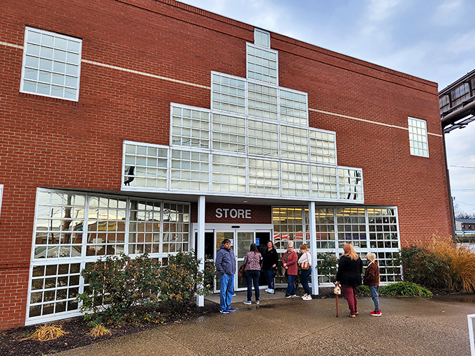 Goodwill Outlet's distinctive glass-block entrance&mdash;the architectural equivalent of "Abandon all budgetary restraint, ye who enter here."