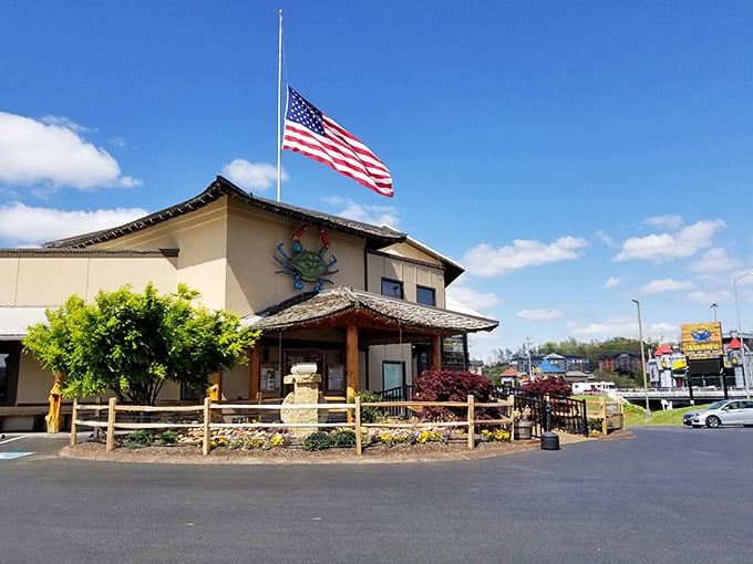 Harpoon Harry's giant crab sign stands as Pigeon Forge's unofficial seafood lighthouse, guiding hungry tourists toward butter-drenched salvation.