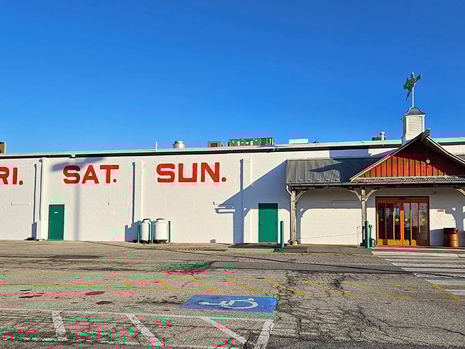 The New Castle Farmers Market building – three magical days a week when "window shopping" becomes an extreme sport.