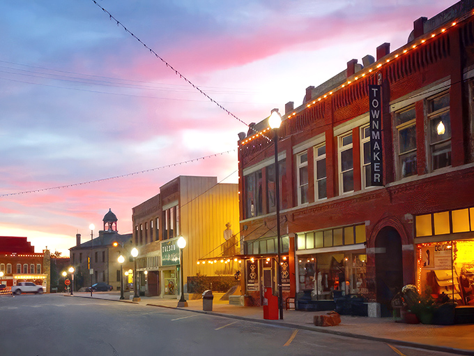Pawhuska's historic downtown glows at sunset, when brick buildings turn golden and shopping becomes an evening affair.