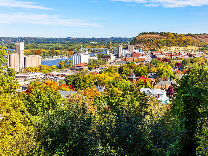 Red Wing: Autumn transforms this Mississippi River town into a canvas of reds and golds, framing the historic downtown in nature's finest artwork.