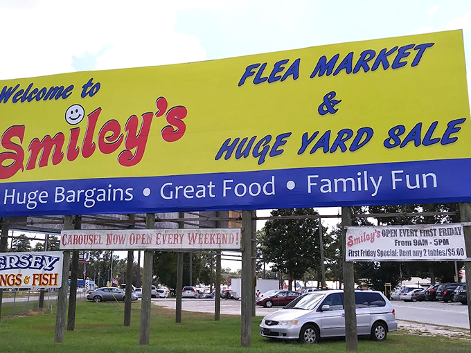 Yellow sign, happy times! Smiley's bold entrance announces itself as the happiest place in Macon for deal-seekers.