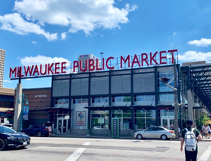 Milwaukee Public Market exterior: Urban food paradise where seafood treasures await inside. That big red sign is basically a lighthouse for hungry travelers.