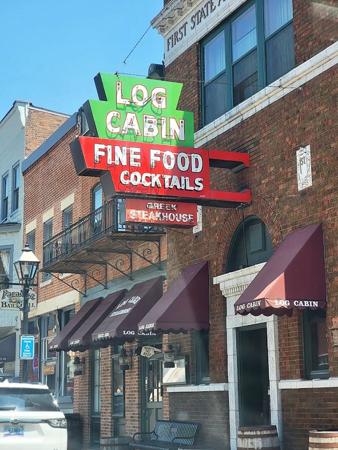 Classic Americana glowing in the night! The Log Cabin's vintage sign has been beckoning hungry travelers to Galena's steak paradise for generations.