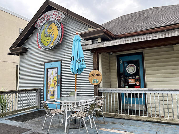 Tricky Fish's cheerful yellow logo and corrugated metal siding create that perfect "beach shack found in the mountains" vibe.