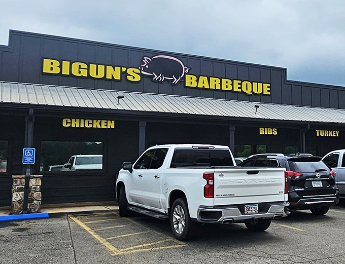 The barbecue bat signal. Bigun's straightforward signage is how North Georgia summons hungry mortals to meat heaven.