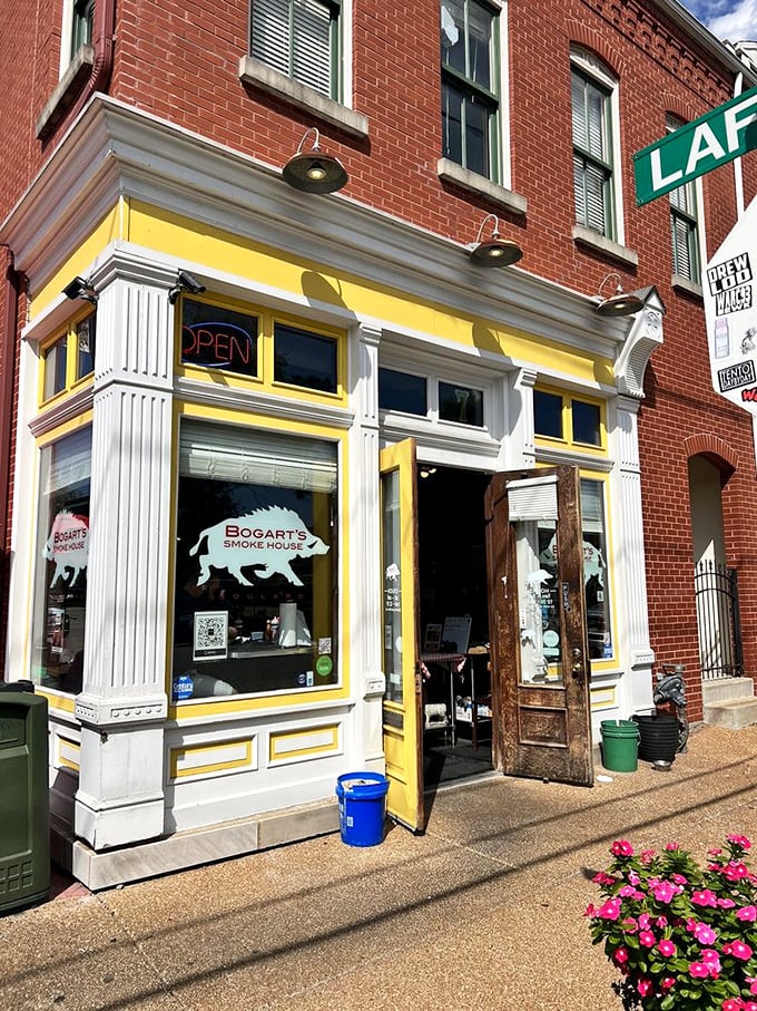 The bright yellow trim isn't just cheerful&mdash;it's a warning that what happens inside might forever raise your barbecue standards.