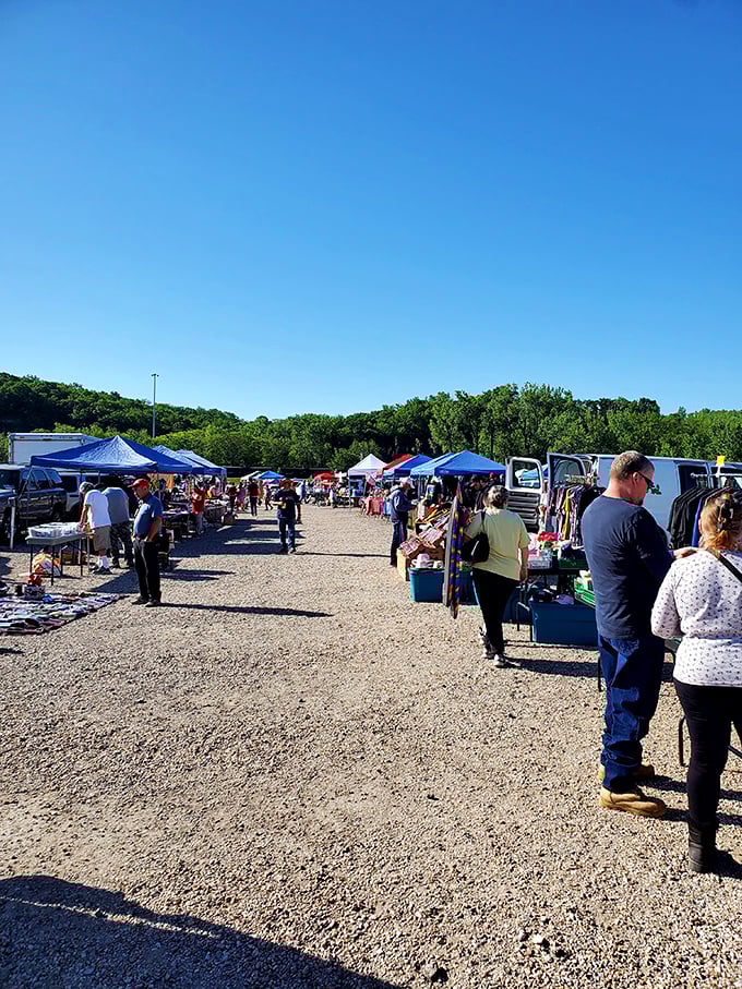 Morning sunshine illuminates treasure hunters on their quest. Like an archaeological dig, but with better prices!