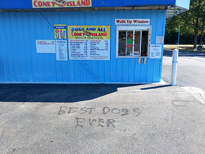 "BEST DOGS EVER" isn't graffiti &ndash; it's a concrete testimonial to the life-changing powers of Dogs and All's Coney creations.