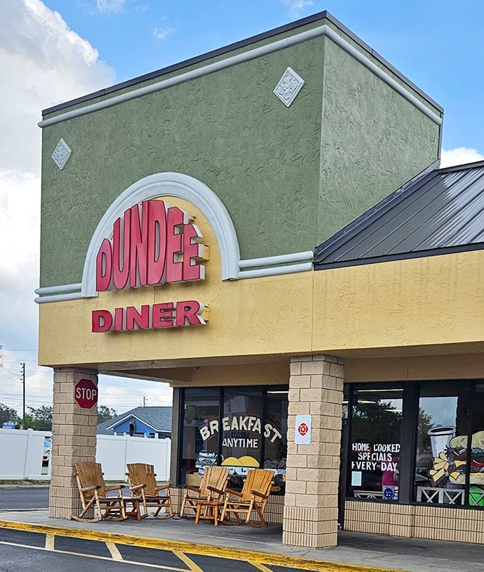 The "Breakfast Anytime" promise glows in the window &ndash; because pancake cravings don't follow conventional schedules.