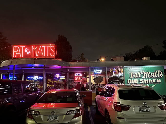 When the sun goes down, Fat Matt's lights up like a carnival of carnivorous delights and blues music.