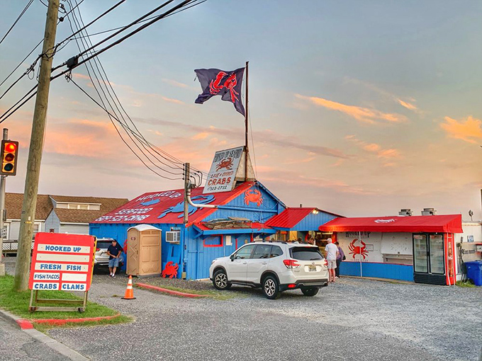Sunset glow on a true Jersey Shore treasure! When that crab flag flies, locals know the day's catch has arrived.