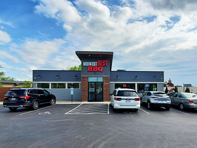 Clean lines and big windows at Midwest Best BBQ &ndash; because good barbecue has nothing to hide.