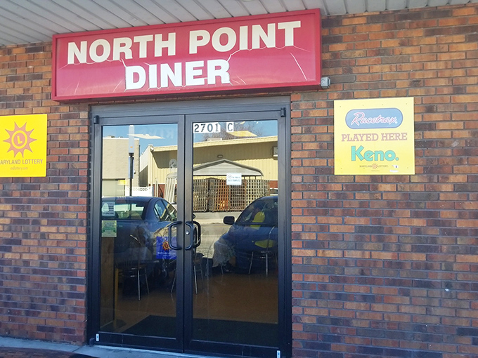 The humble entrance to North Point Diner &ndash; where Maryland lottery dreams and perfect hash browns live harmoniously under one roof.
