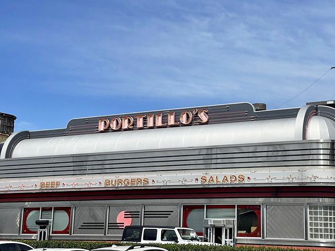 The classic diner-style exterior hints at the Windy City wonders waiting inside this SoCal outpost of hot dog heaven.