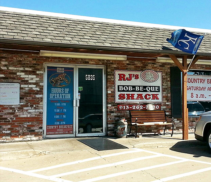 R.J.'s Bob-Be-Que Shack: "Simple brick building, wooden bench outside. Perfect for sitting while contemplating how much meat is too much meat."