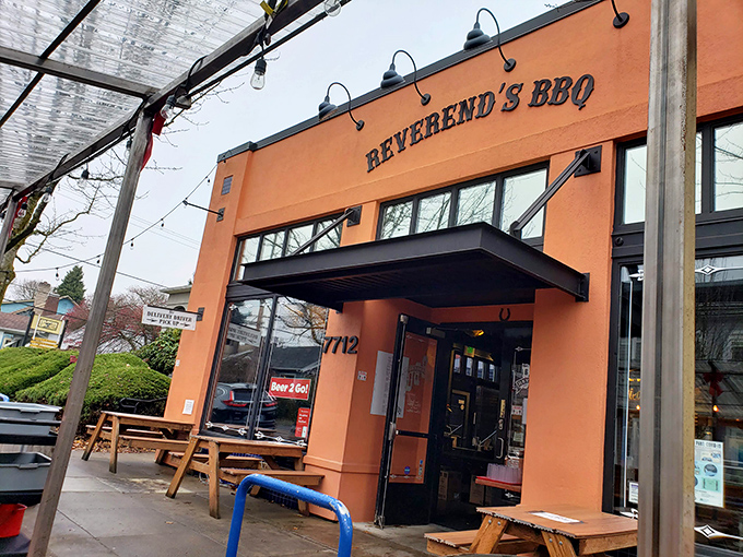 The outdoor seating at Reverend's BBQ - where Portland's rare sunny days meet their perfect match: plates of smoky deliciousness.