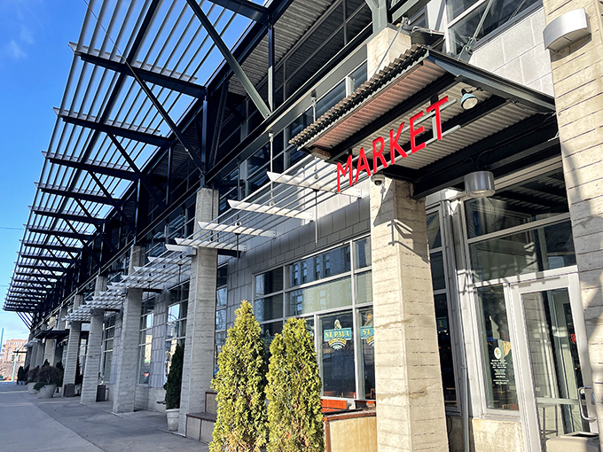 Market entrance close-up: The gateway to flavor town! Behind those doors, seafood counters where pointing and saying "I'll have that" is a delicious strategy.