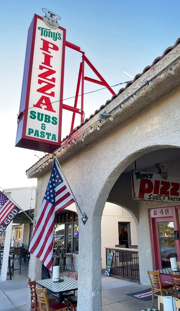 Tony's Pizza: That classic sign with the chef's hat logo says "we've been doing this awhile." The American flag adds patriotic flair to this pizza sanctuary.