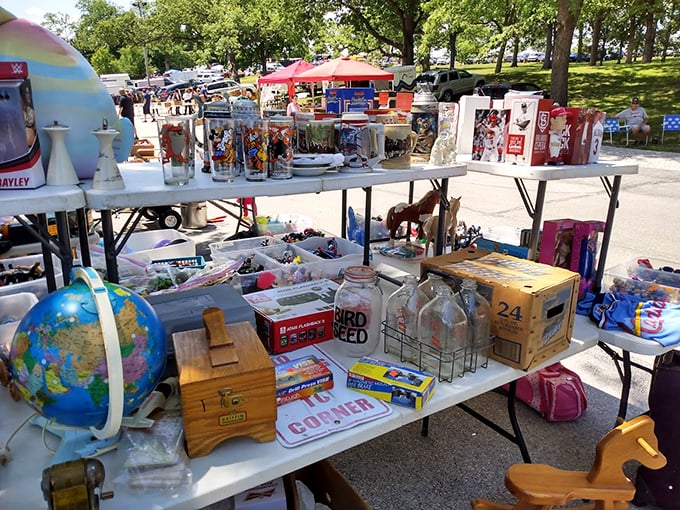 Bargain hunters' paradise in action. Every table at Wentzville Flea Market holds someone's future conversation piece or cherished memento.